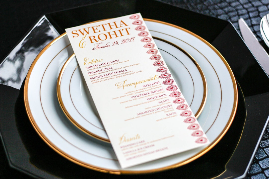 Red and Gold Indian Wedding Menu, Henna Dinner Menu, Modern Indian ...