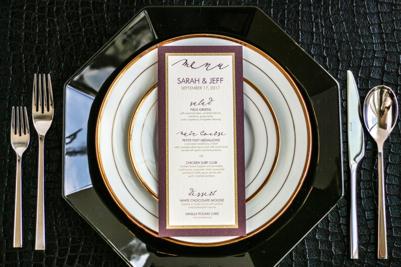 Burgundy and Gold, Modern Wedding, Dinner Menus, Purple and Gold ...