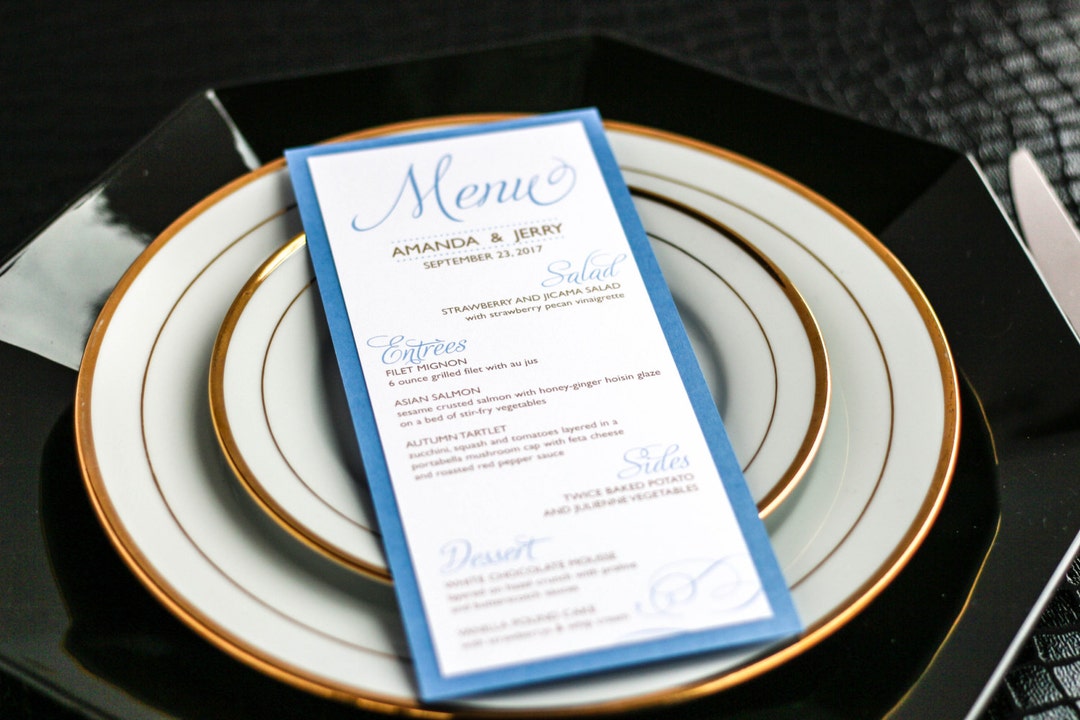 Blue Wedding Menus, Modern Script Stationery, Layered Wedding Menu ...