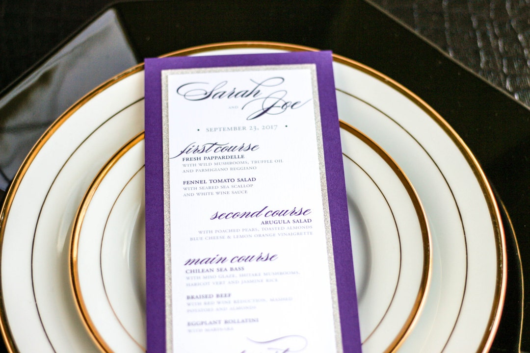 Purple Wedding Menus, Elegant Dinner Menu, Reception Menus, Glitter ...