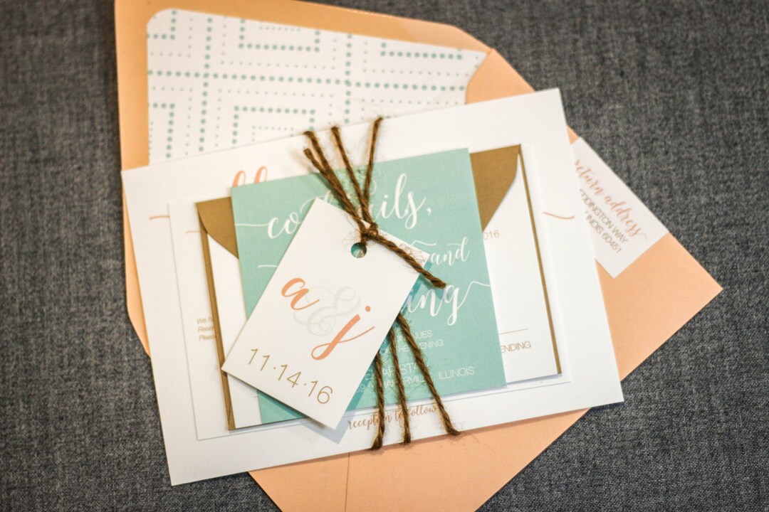 Rustic Wedding Invitations, Peach & Mint Wedding Invitations, Mint ...