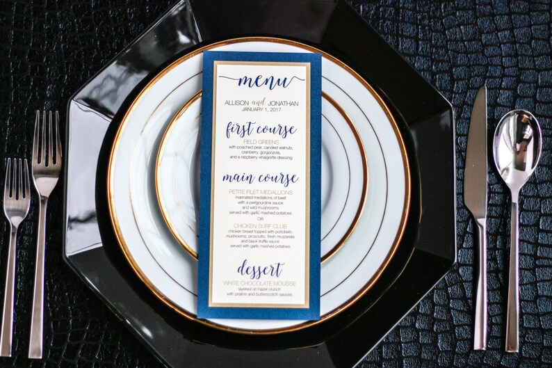 Navy Blue and Gold Wedding, Wedding Menu, Gold Wedding, Table Settings ...