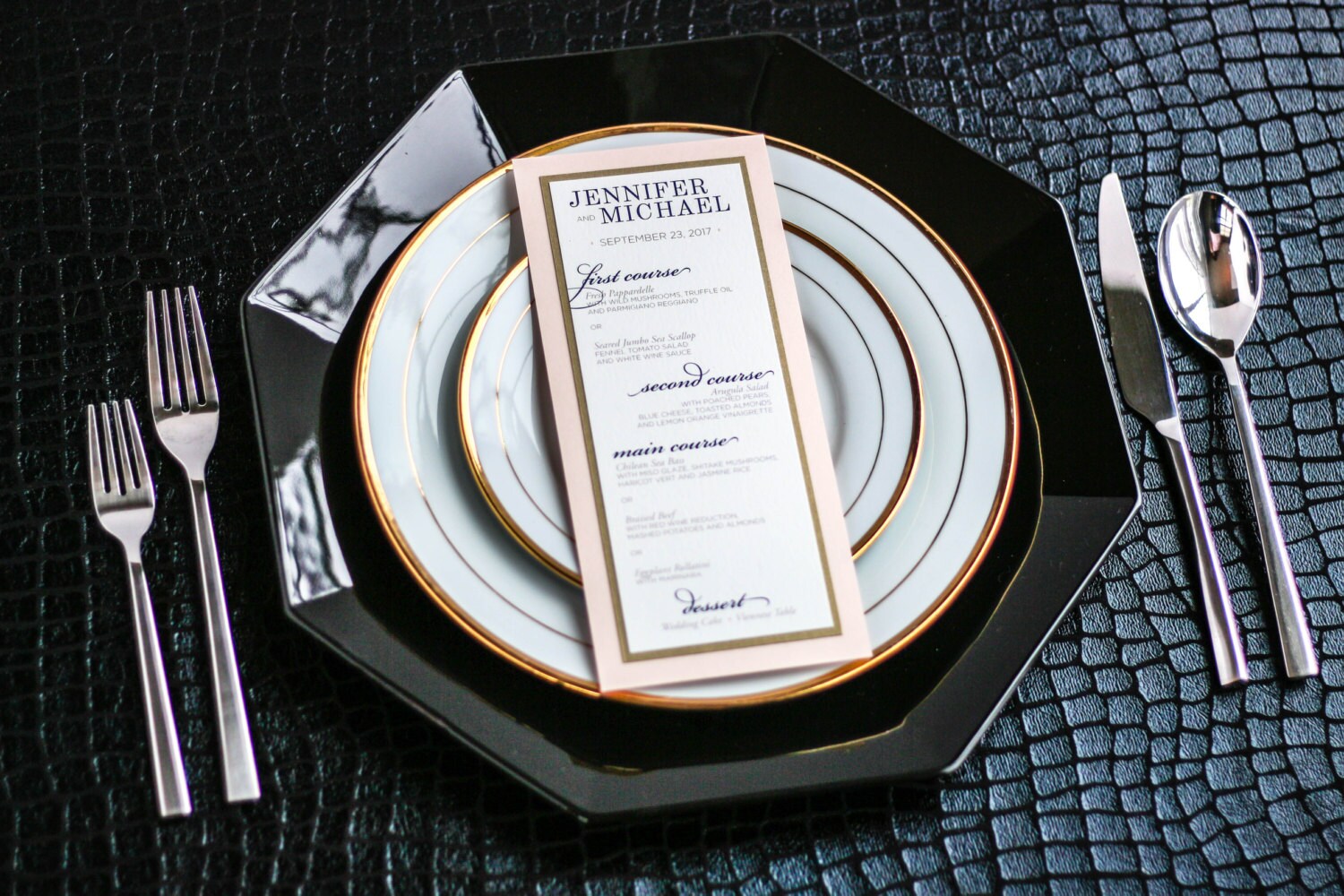 Blush and Gold Wedding Menus, Navy Blue and Pink Dinner Menu, Classic ...