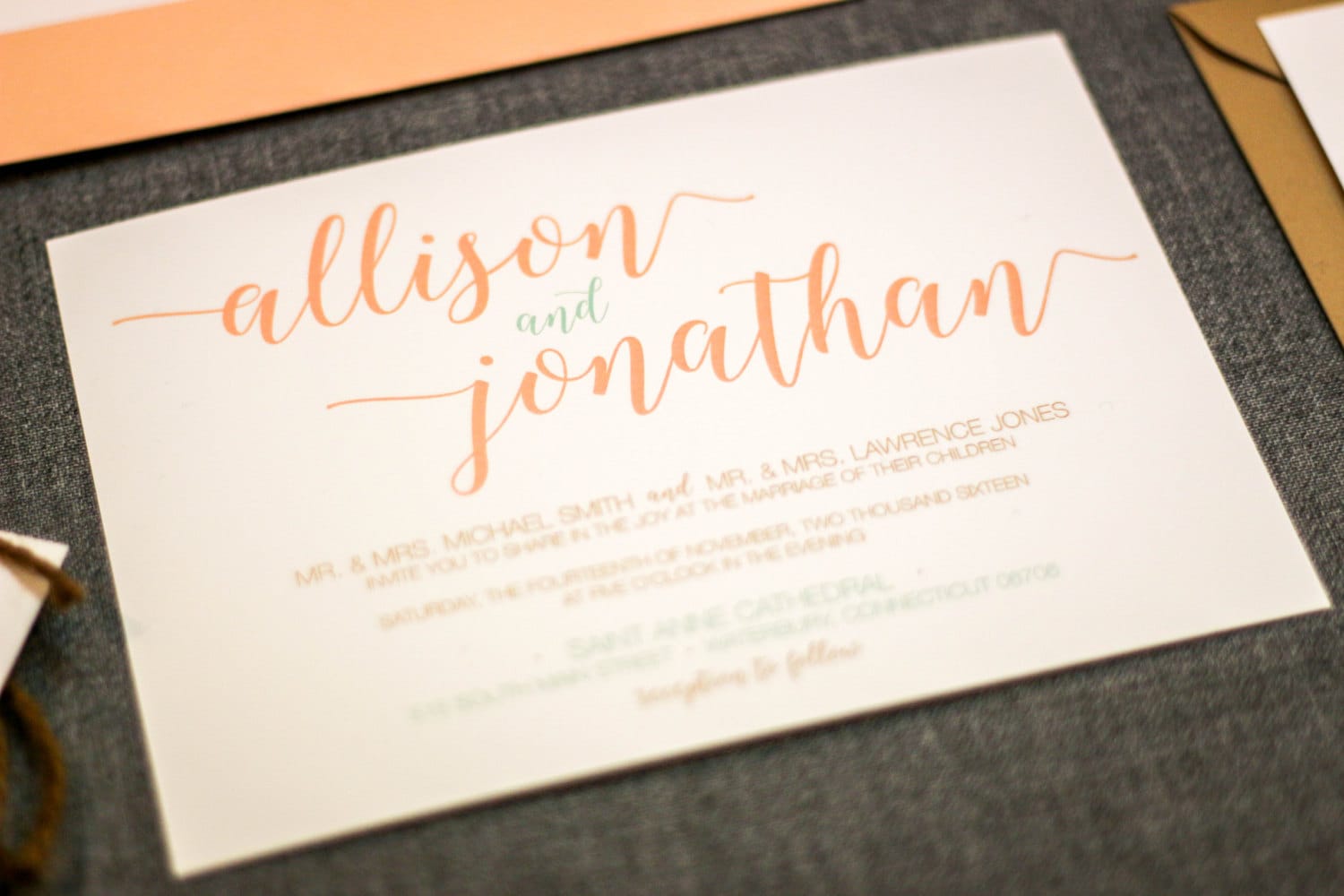 Rustic Wedding Invitations, Peach & Mint Wedding Invitations, Mint ...