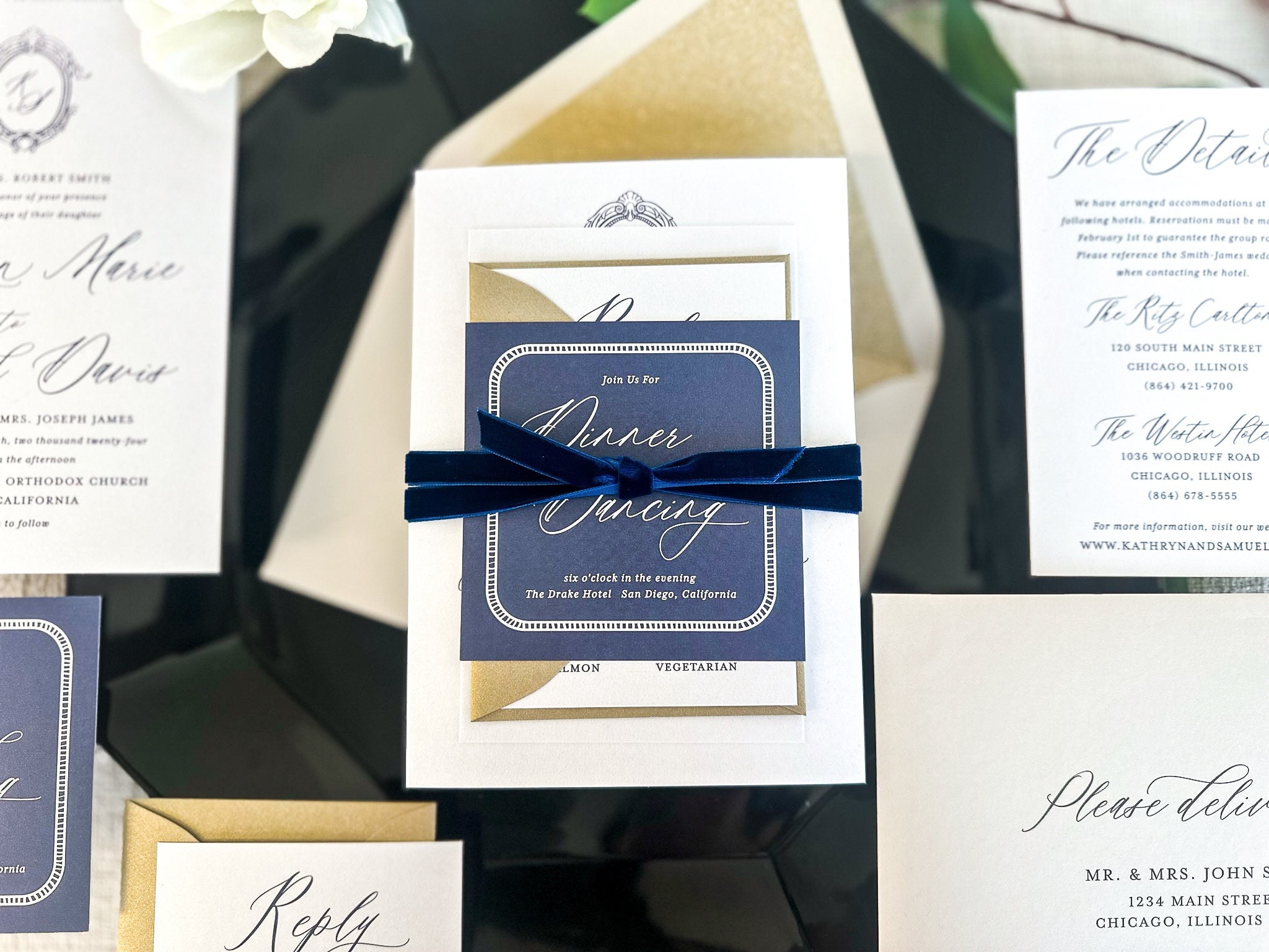 Vintage Wedding Invitation, Regal Navy & Gold, Modern Calligraphy ...