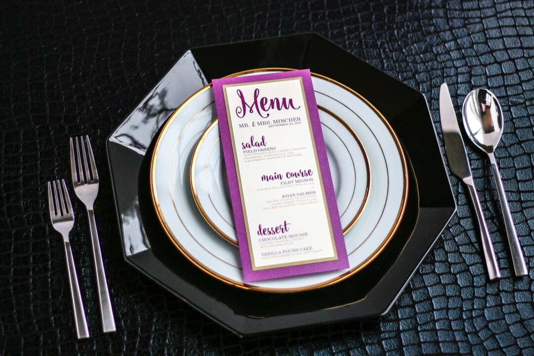 Dinner Menu, Reception Menus, Modern Wedding Menus, Plum and Gold ...
