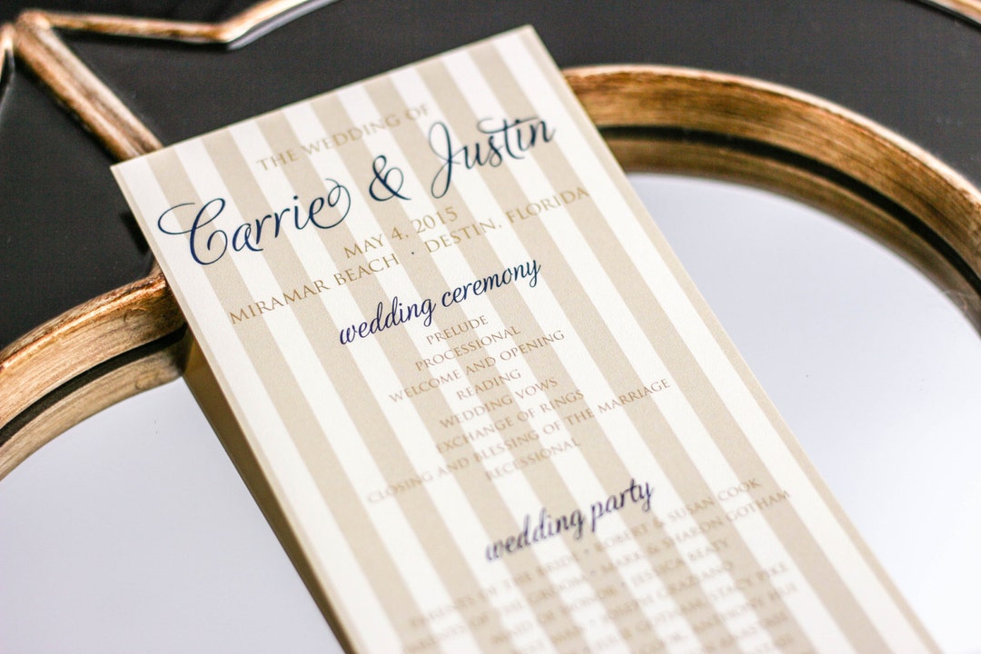 Destination Wedding Programs, Navy Blue and Gold, Striped Ceremony Programs, Summer Wedding ...