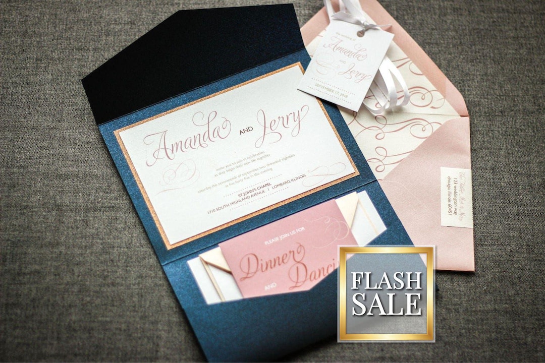 Romantic Custom Wedding Invitations, Luxury Anniversary Invite, Navy ...