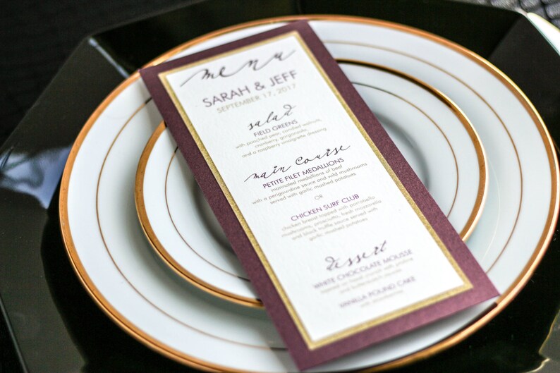 Burgundy and Gold, Modern Wedding, Dinner Menus, Purple and Gold ...