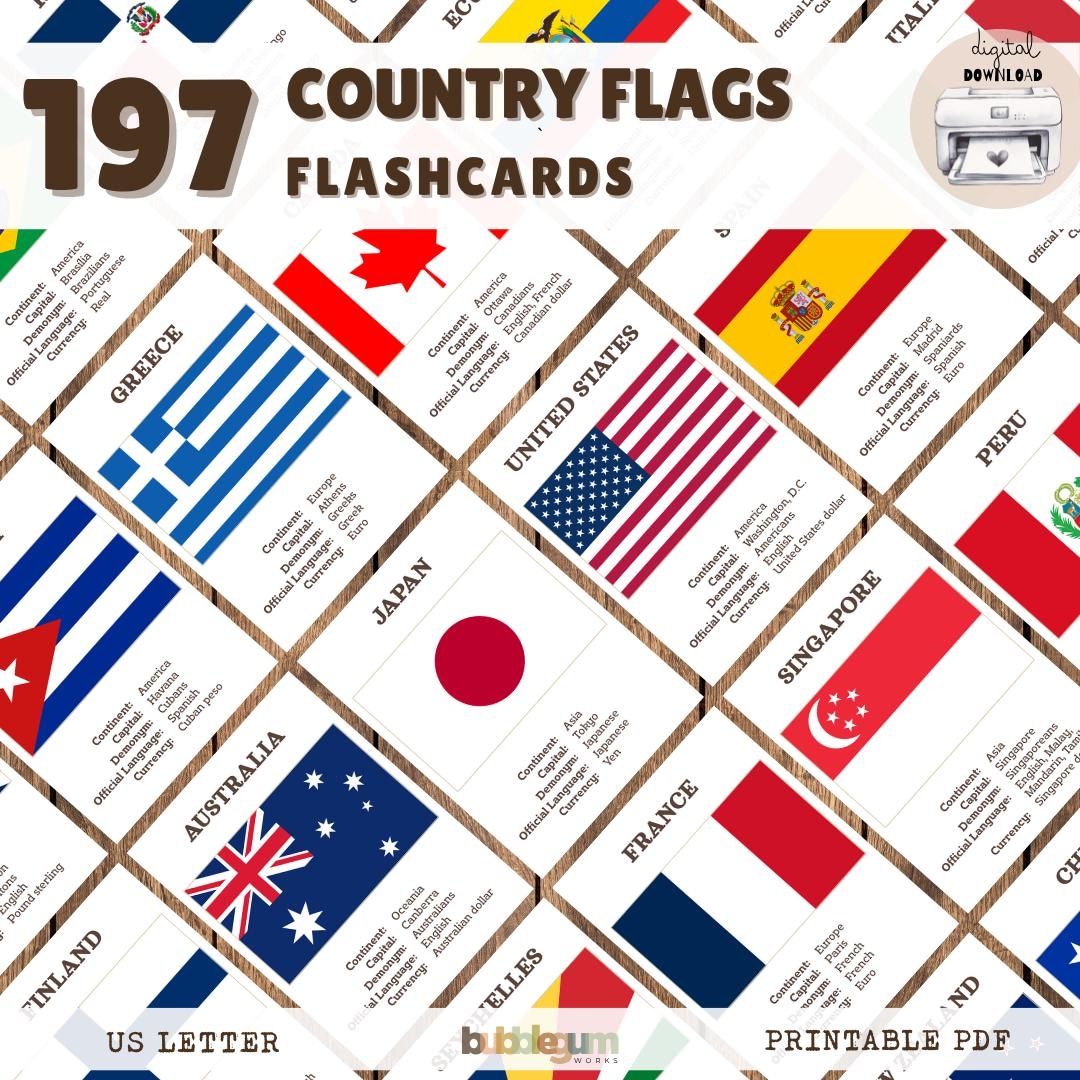 197 Country Flags Flash Cards | World Flags Printable PDF | Geography ...