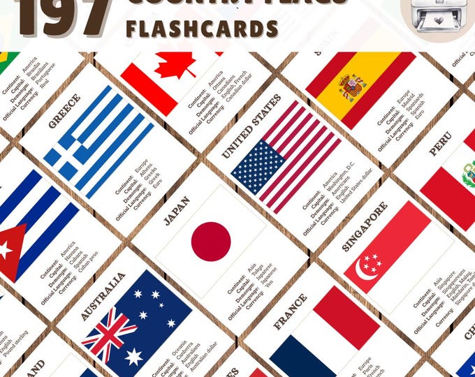 197 Country Flags Flash Cards | World Flags Printable PDF | Geography ...