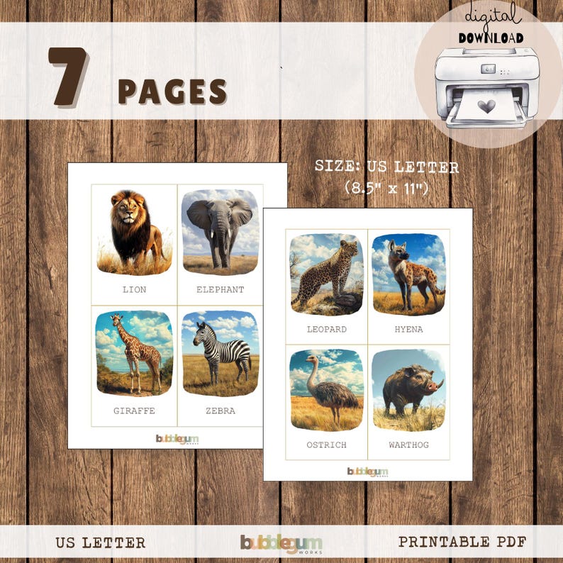 Safari Animals Flashcards for Kids – Printable Montessori - Learning ...