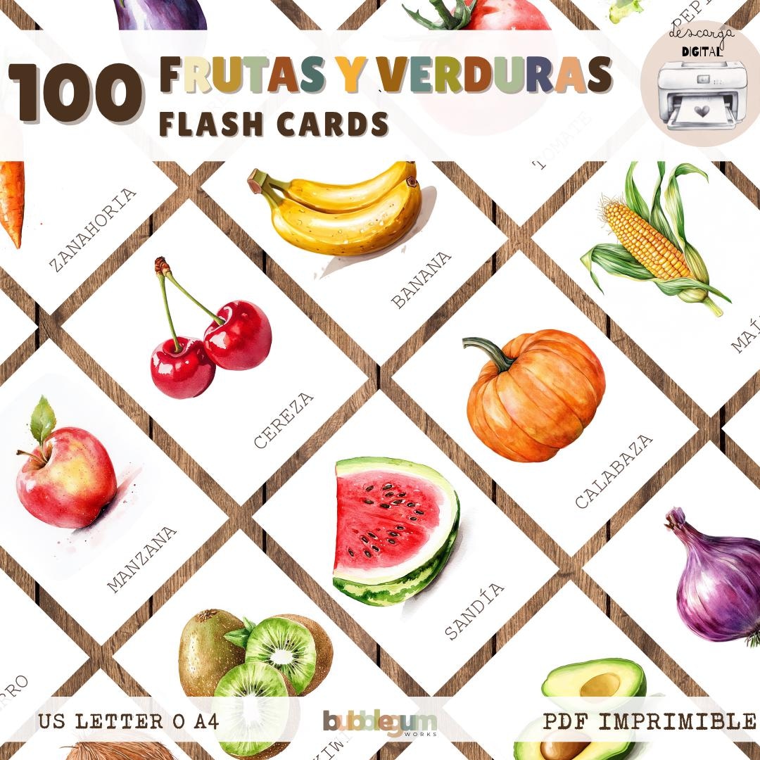 100 tarjetas didácticas de frutas y verduras en español / Aprende ...
