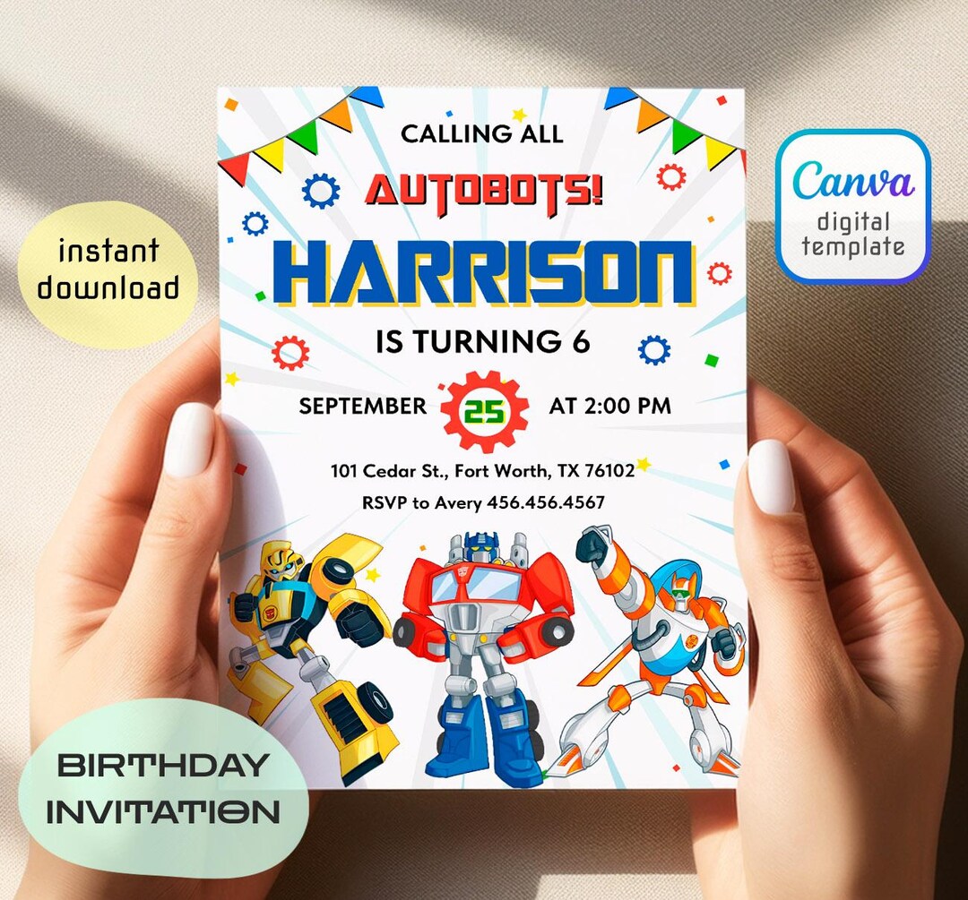 Printable Birthday Invitation, Autobots Boy Birthday Invite, Editable ...