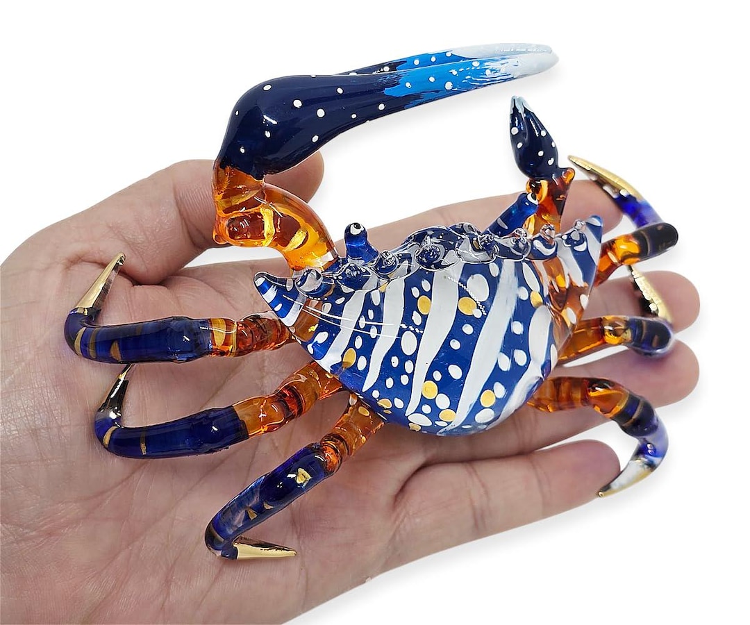 Small 5.75" L Blue Crab Figurine Miniature Blown Glass Crabs Crustacean ...