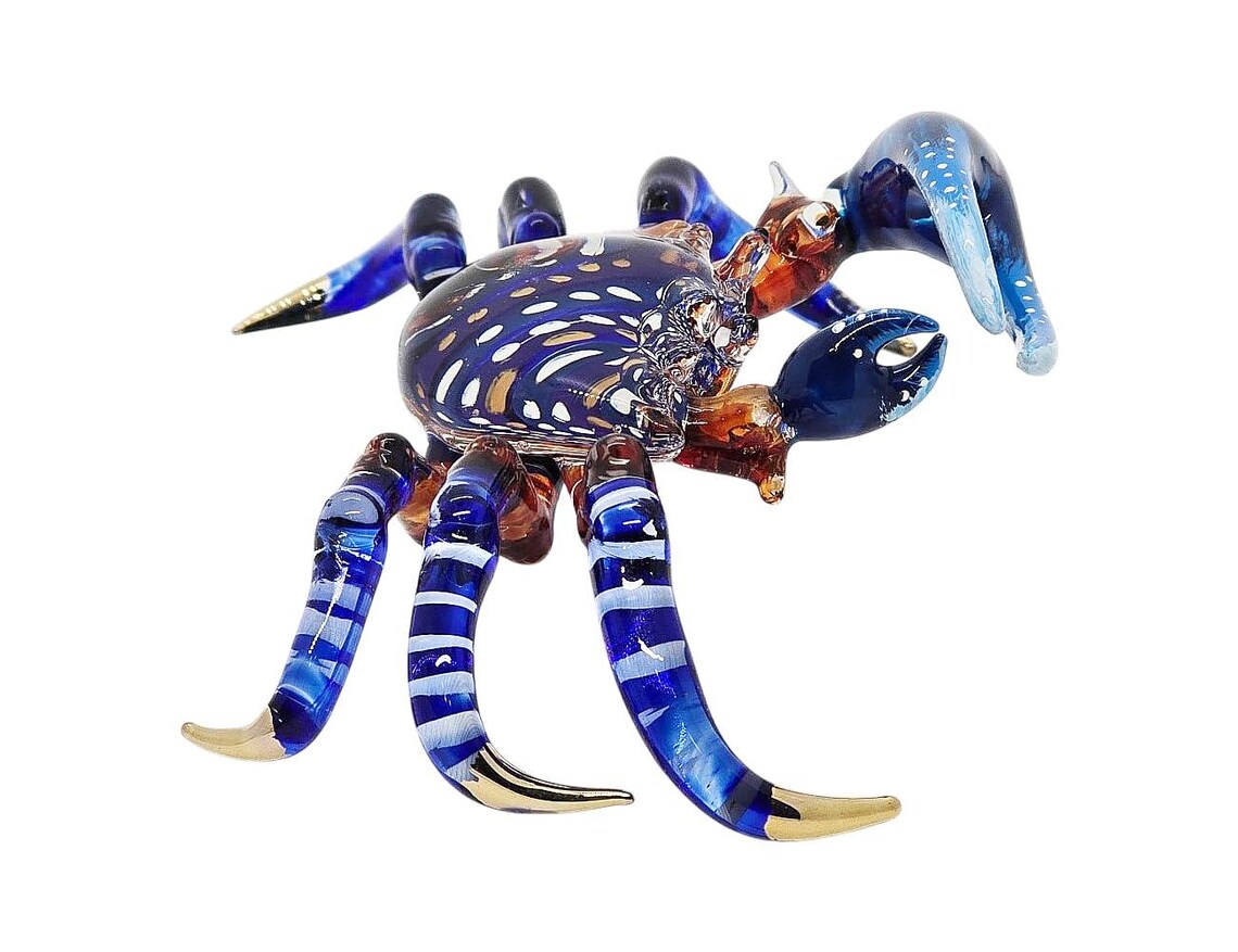 Small 5.75" L Blue Crab Figurine Miniature Blown Glass Crabs Crustacean ...