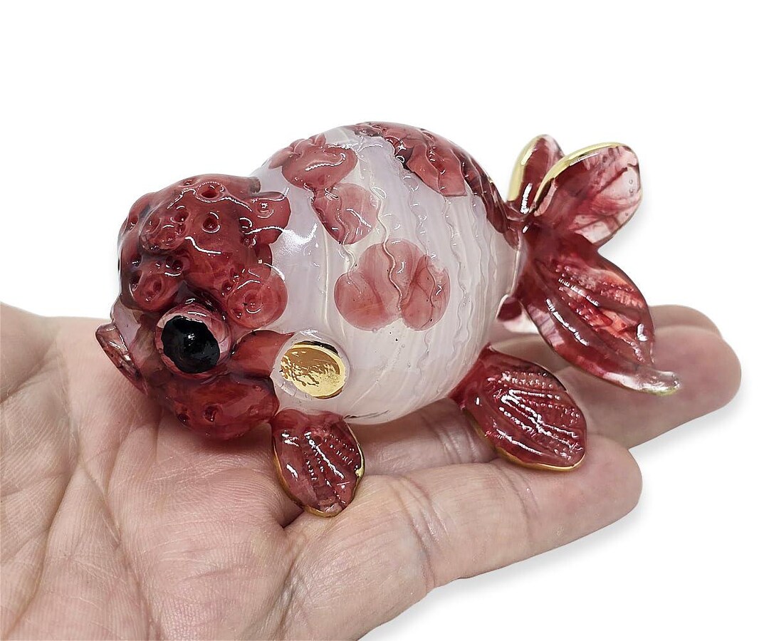 2.5"l Red White Ranchu Lionhead Goldfish Figurine Miniature Blown Glass ...
