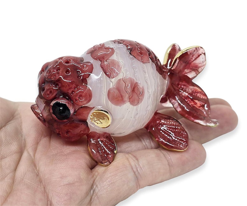 2.5"l Red White Ranchu Lionhead Goldfish Figurine Miniature Blown Glass ...