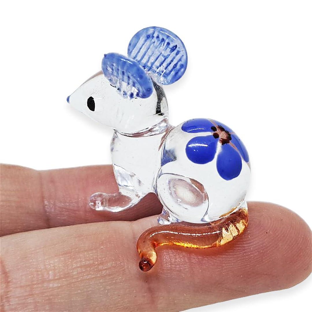 Tiny 1"l Blue Flower Mouse Figurine Miniature Hand Blown Glass Mice Rat ...