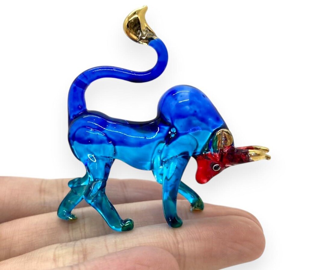 Tiny 2" L Blue Bull Figurines Cow Miniature Blown Glass Bulls Figures ...