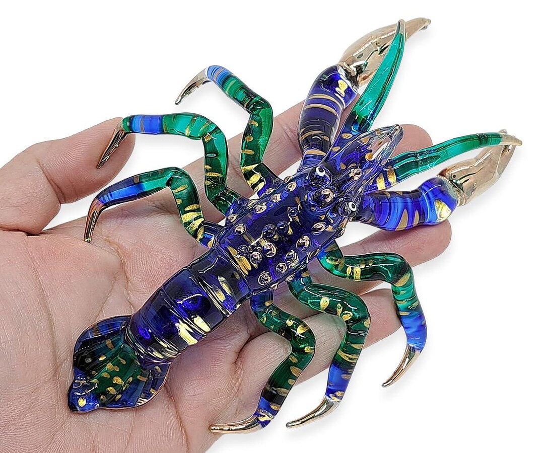 6"long Blue Gold Lobster Figurine Miniature Hand Blown Glass Shrimp ...