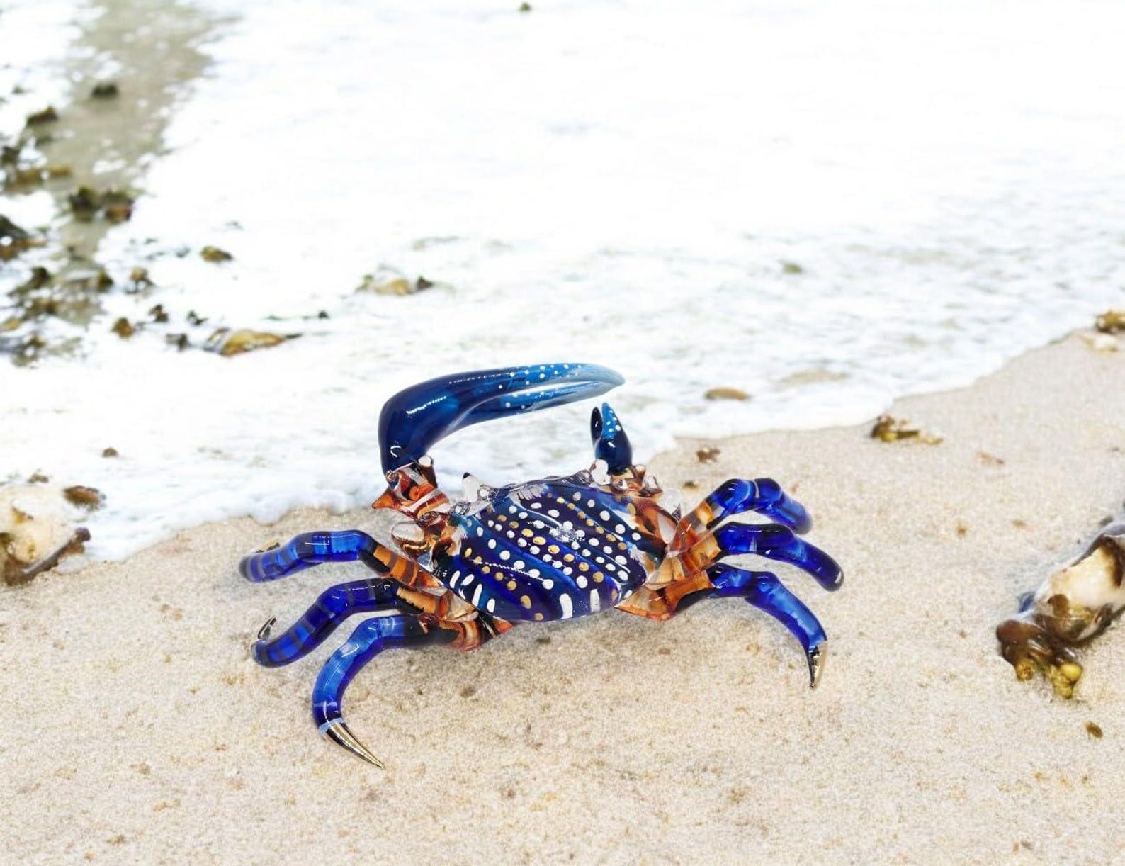 Small 5.75" L Blue Crab Figurine Miniature Blown Glass Crabs Crustacean ...