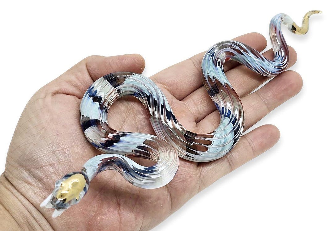 8" Blue Red White Viper Slithering Snake Figurine Miniature Hand Blown ...