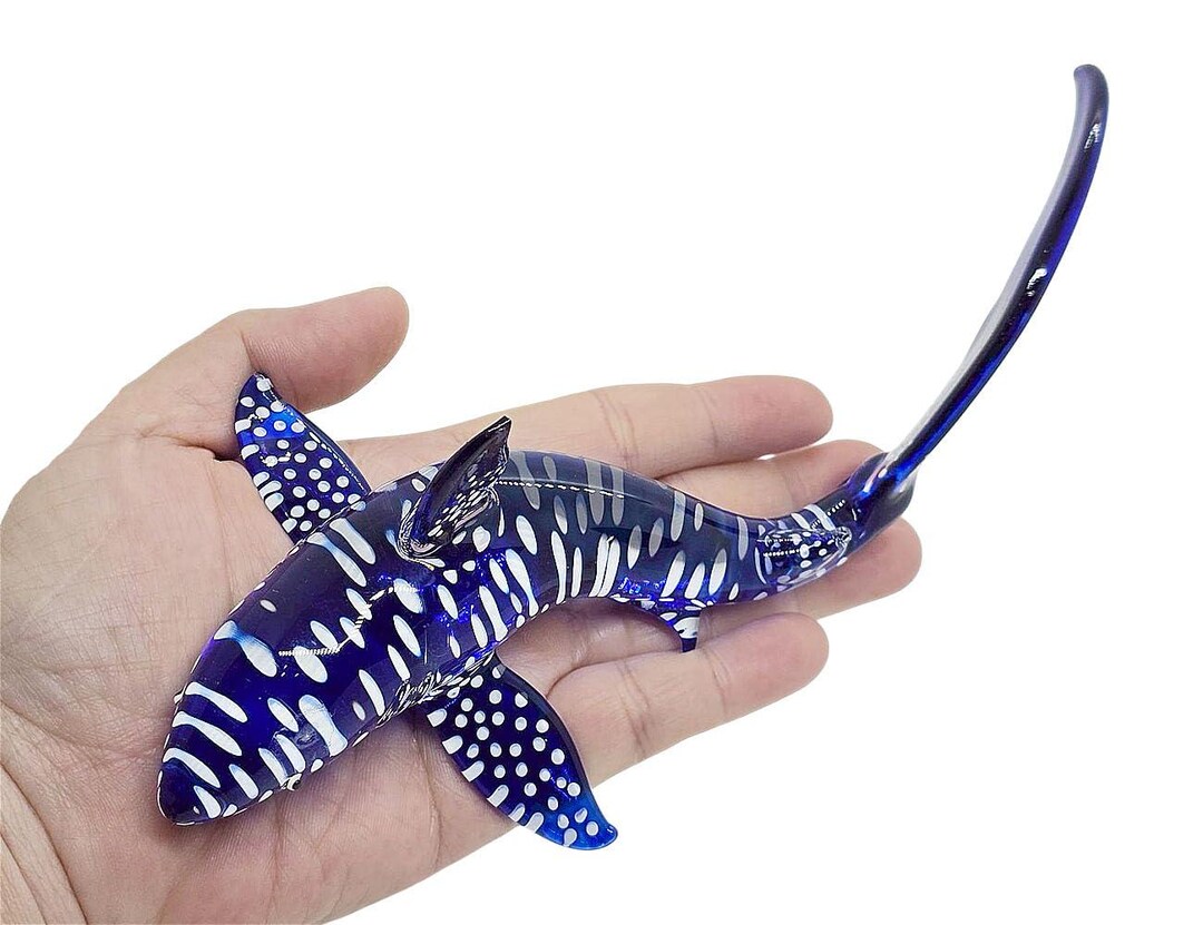 8" Long Blue White Shark Figurine Miniature Blown Glass Sharks Marine ...