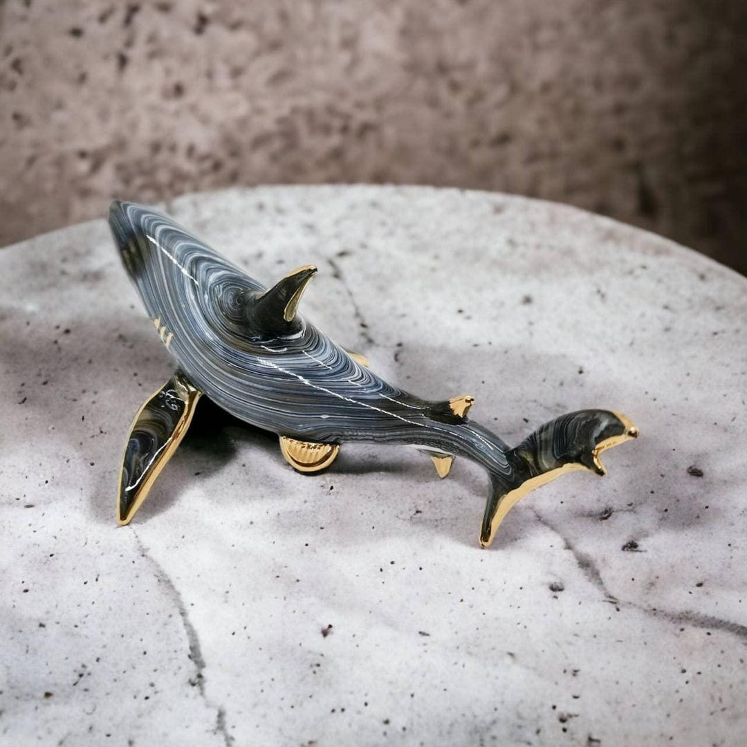 5.25"l Black Gold Shark Figurine Miniature Blown Glass Sharks Marine ...