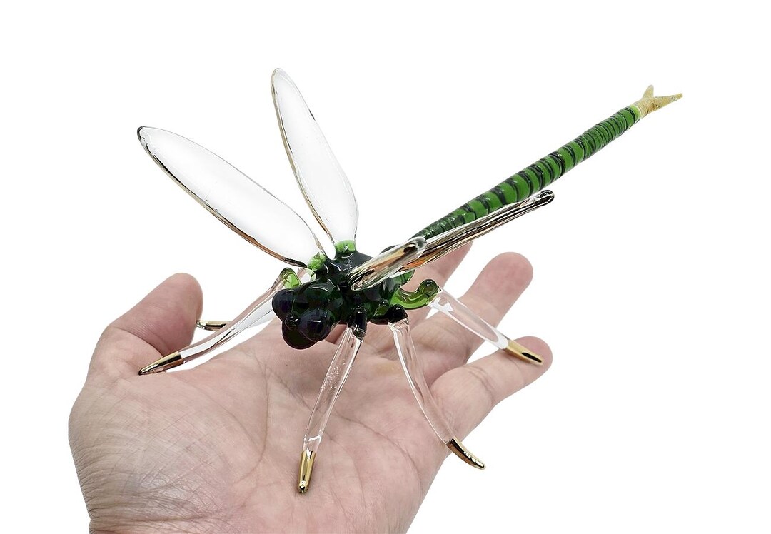 8"l Green & Clear Dragonfly Figurine Miniature Hand Blown Glass Bugs ...