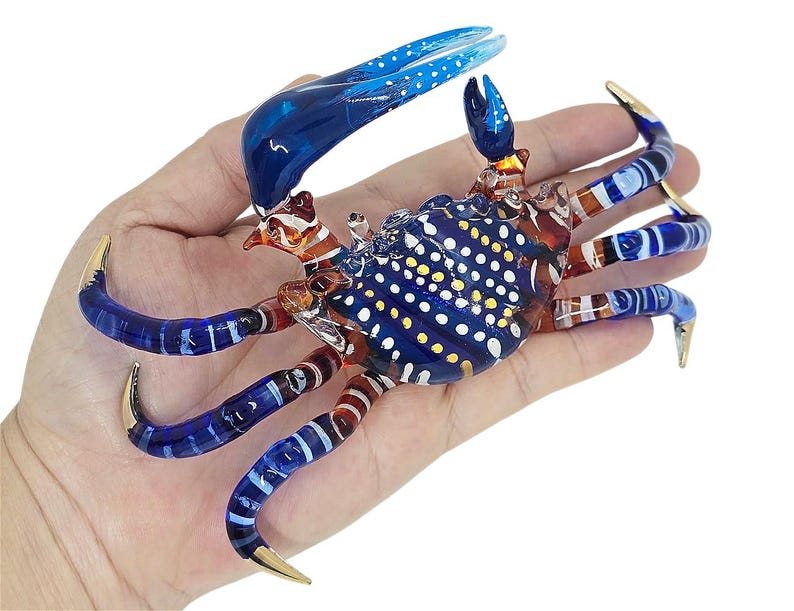 Small 5.75" L Blue Crab Figurine Miniature Blown Glass Crabs Crustacean ...