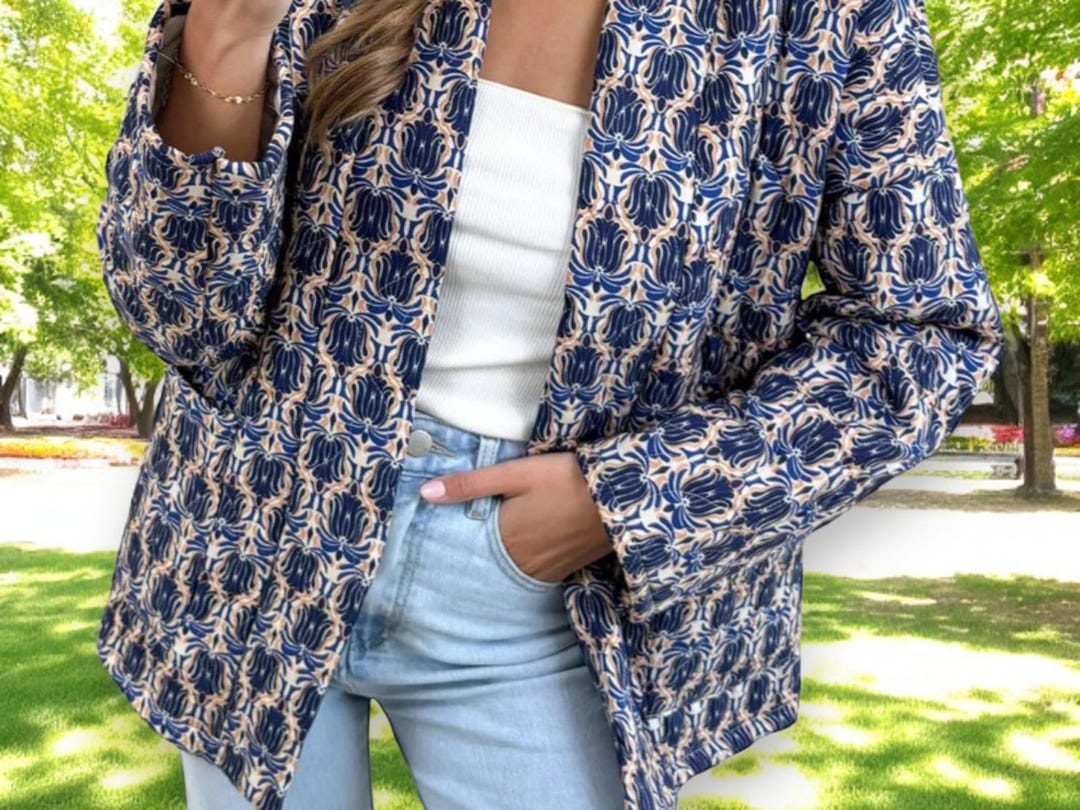 Navy Blue Patterned Quilted Jacket: Women's Oversized Boho Bomber - Etsy