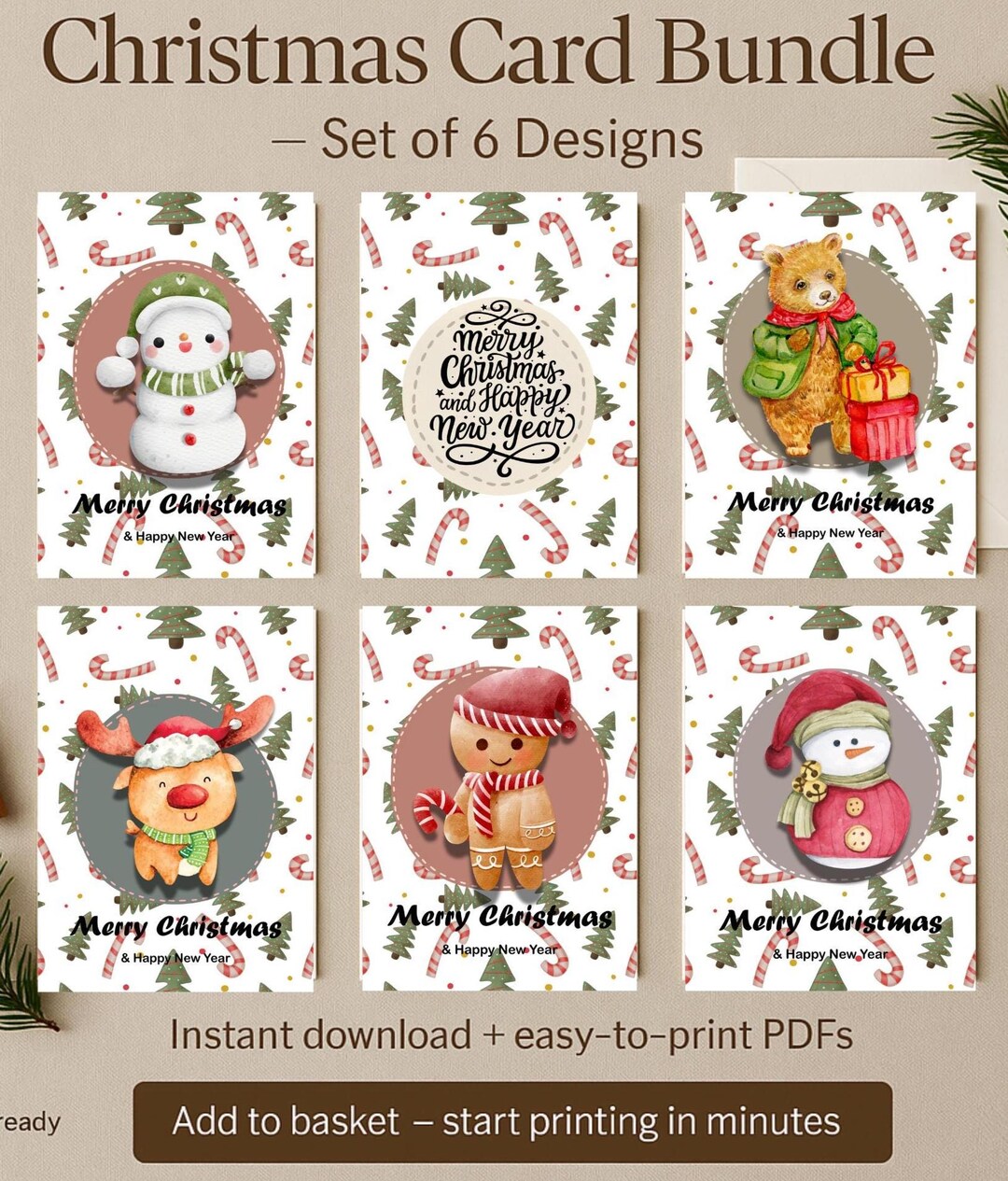 Printable Snowman Christmas Cards – Set of 6 | A6 & 5×7 | Instant ...
