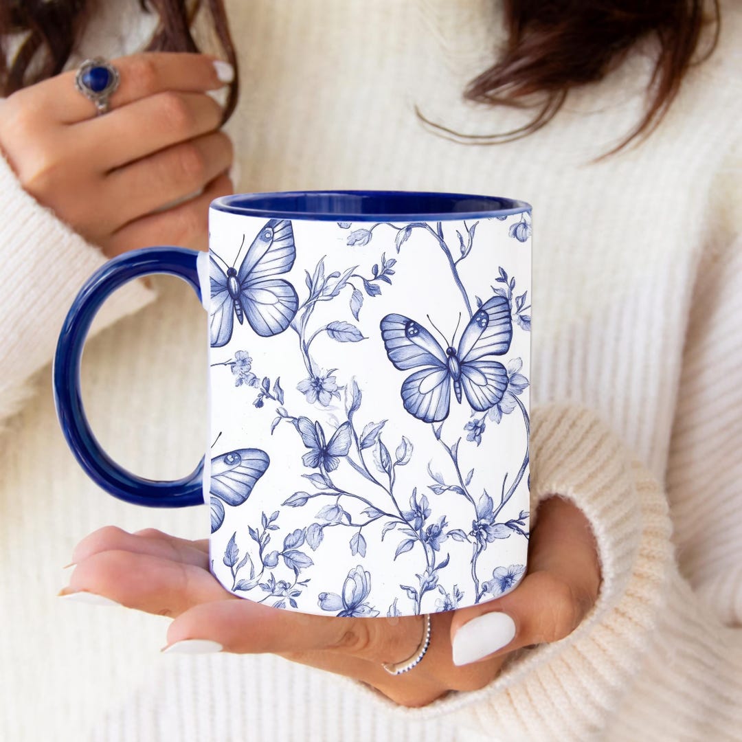 Blue Butterfly Mug, Chinoiserie Floral Coffee Cup, Elegant Butterfly ...