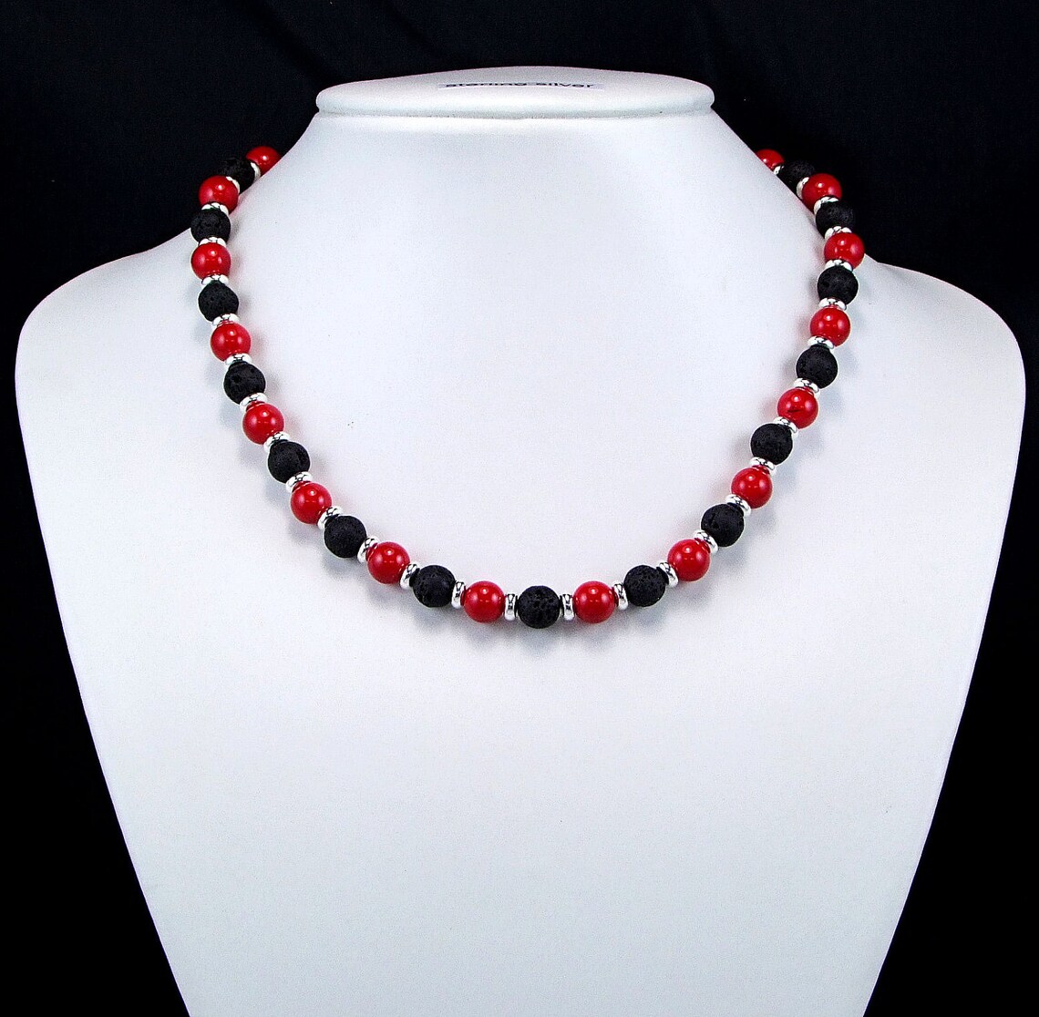 Red Coral, Volcanic Lava & Sterling Silver Necklace N348 - Etsy
