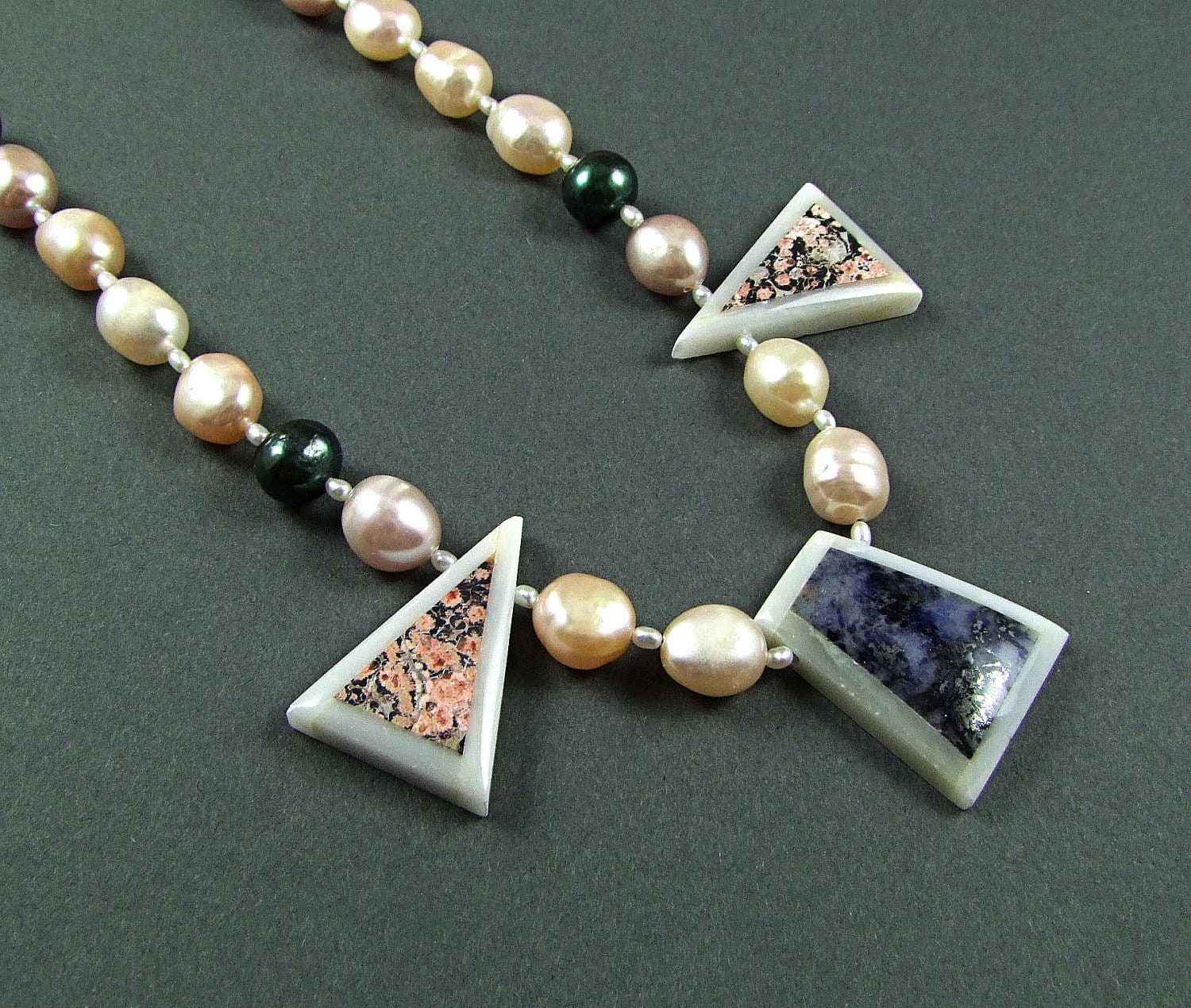 Triple Gemstone Intarsia & Freshwater Pearl Necklace N38 - Etsy