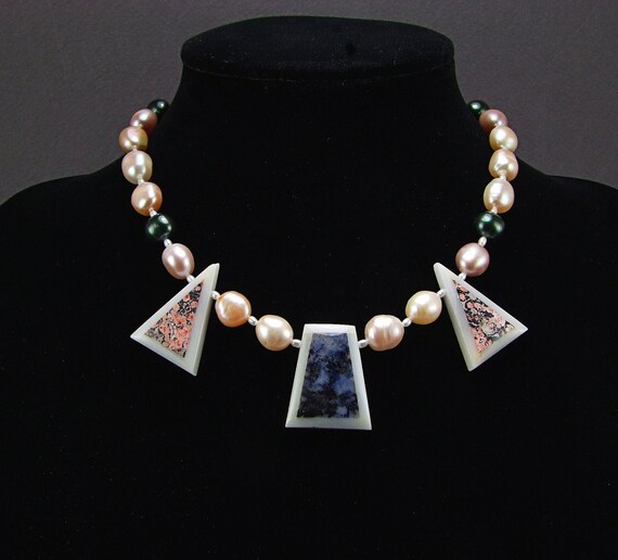 Triple Gemstone Intarsia & Freshwater Pearl Necklace N38 | Etsy