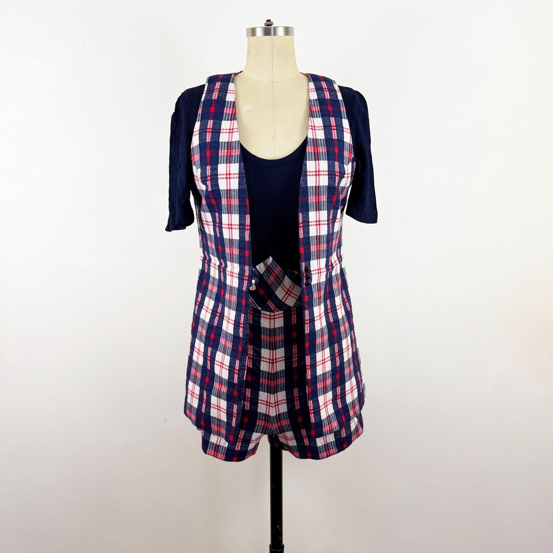 1970s Romper and Vest Navy Red Plaid 70s Cute Romper Hippie Romper Boho ...