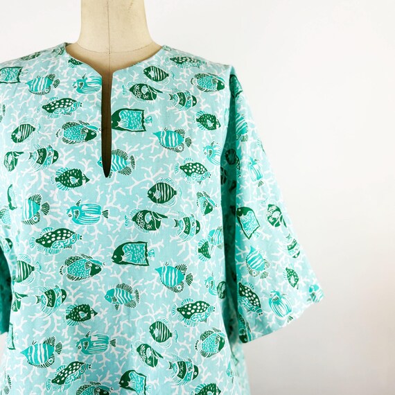 1970s Key West Hand Prints Tropical Fish Aqua Shift D… - Gem