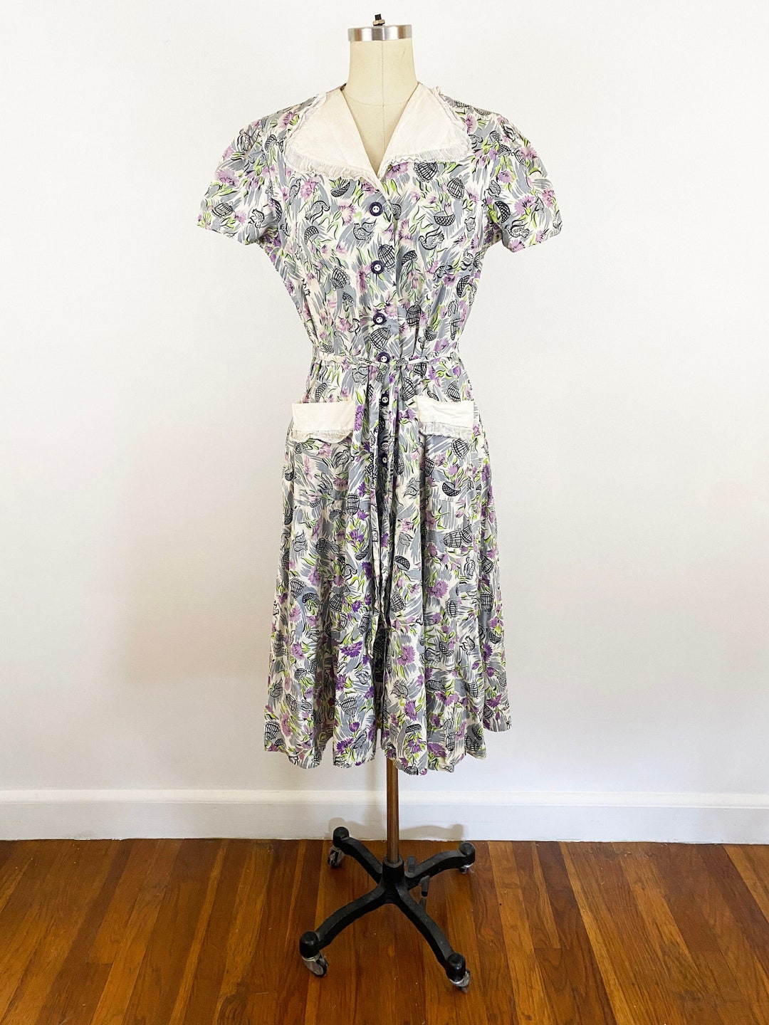 1940s Charm Craft Cotton Novelty Print Bird Cage 40s Frock Novelty Day ...