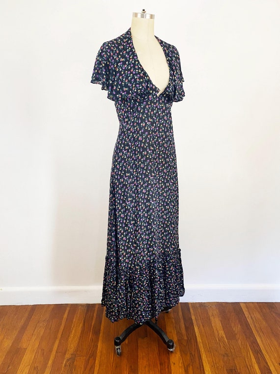 1970s Miss Rita Black Floral Halter Dress Empire Wais… - Gem