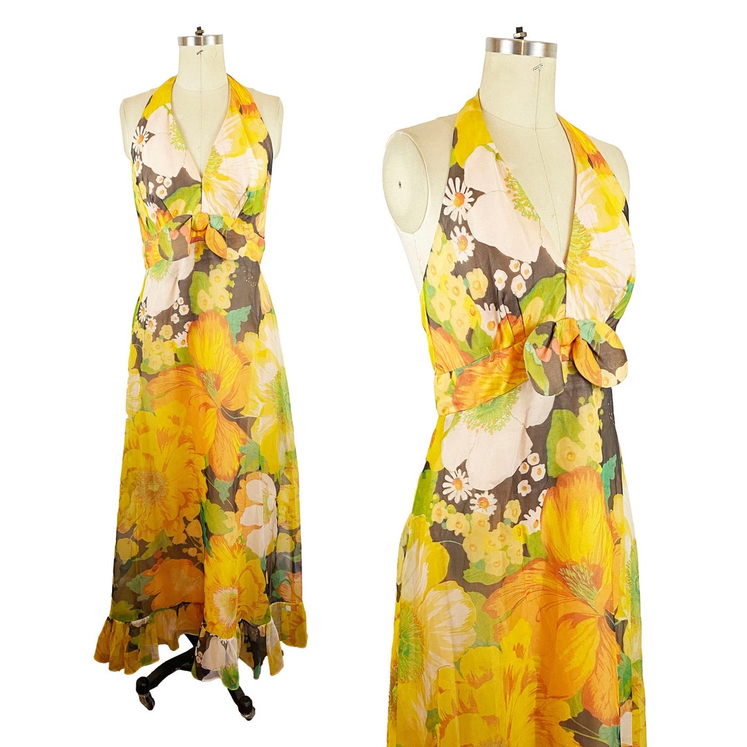 1970s Miss Elliette Bold Floral Sheer Halter A-line Maxi Dress 70s Party Dress Flower Power Maxi ...