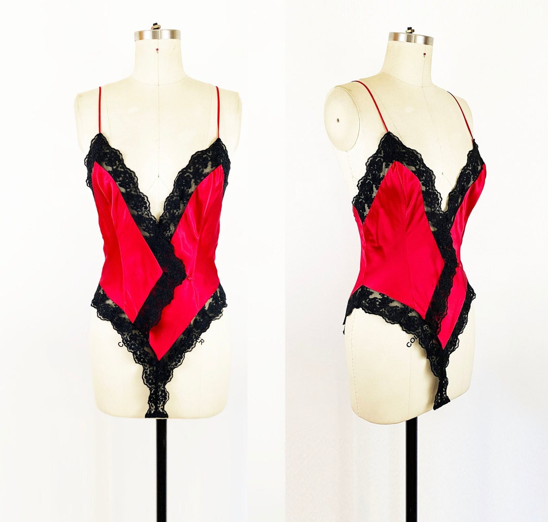1990s Victoria Secret Gold Label Red Silk Black Lace 90s Teddy Sexy ...