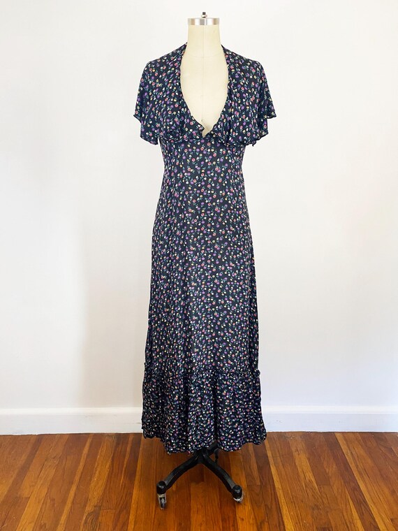 1970s Miss Rita Black Floral Halter Dress Empire Wais… - Gem