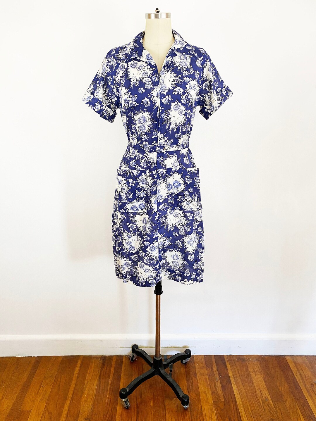1960s Helen Hensley Delft Blue Floral Rose A-line Dress Dead Stock ...