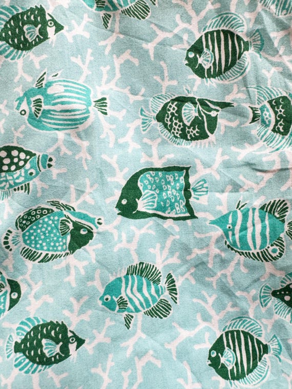 1970s Key West Hand Prints Tropical Fish Aqua Shift D… - Gem