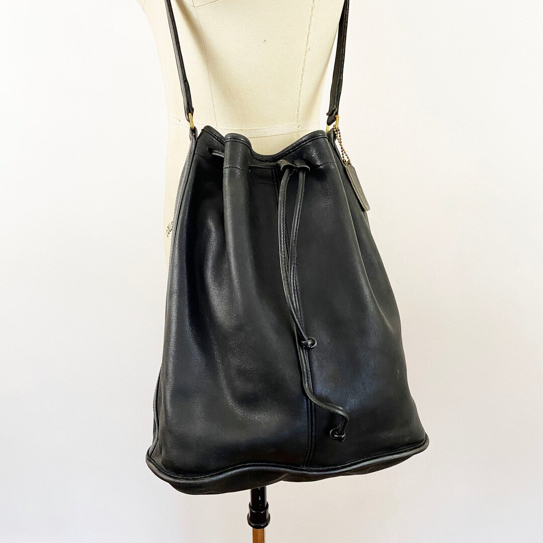 1980s Coach Black Leather Drawstring Sac Large Bucket Bag Goth Rocker ...