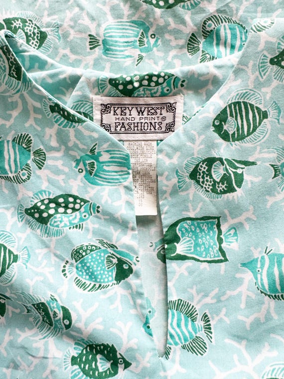 1970s Key West Hand Prints Tropical Fish Aqua Shift D… - Gem