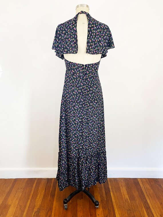 1970s Miss Rita Black Floral Halter Dress Empire Wais… - Gem