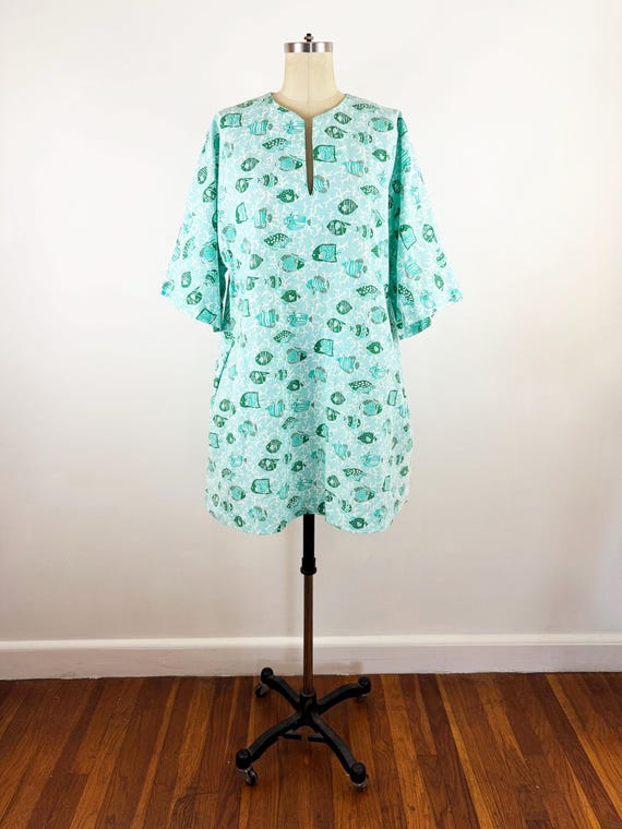 1970s Key West Hand Prints Tropical Fish Aqua Shift D… - Gem